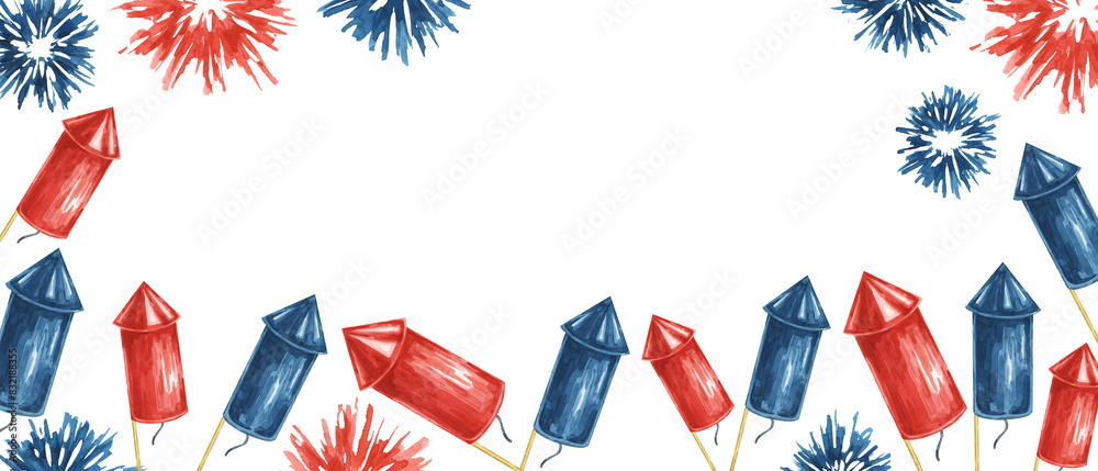 Fourth of July banner. Red, Blue firecrackers and fireworks bursts ...