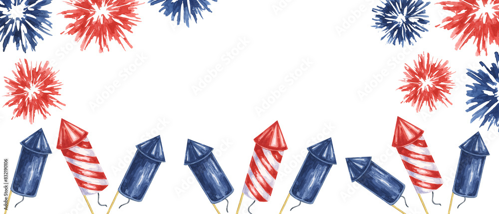 Fourth of July banner. Red, Blue firecrackers and fireworks bursts ...