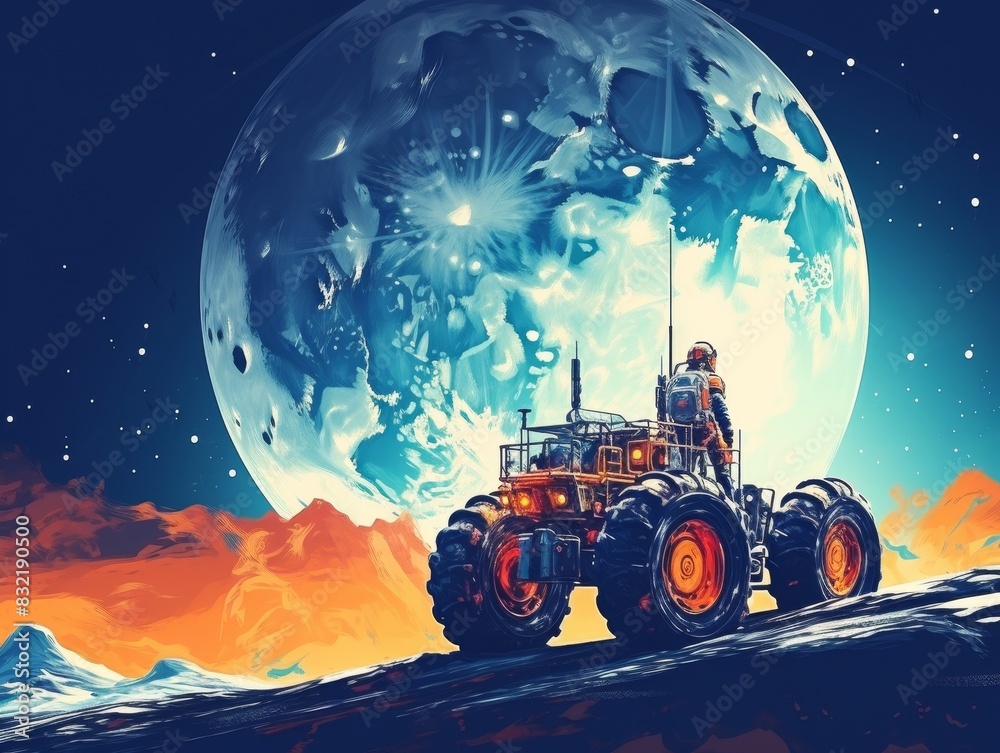 Astronaut driving lunar rover on alien planet under glowing moon ...