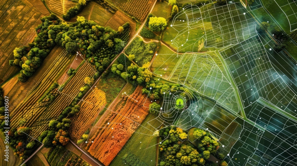 Aerial view of a farm showing predictive analytics overlays on crop ...