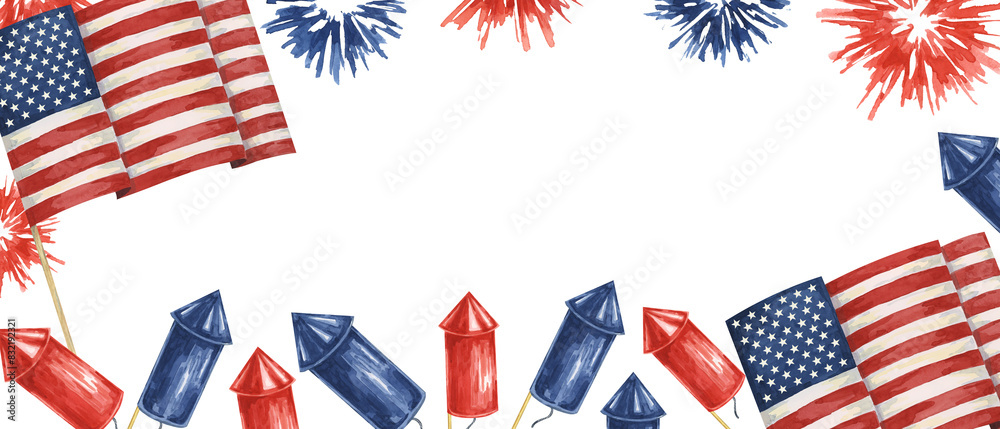 Fourth of July banner. USA flag, firecrackers and fireworks bursts ...