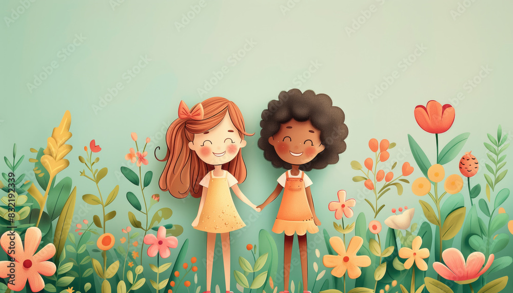 Cartoon Illustration Of Two Happy Girls Holding Hands In Flower Garden