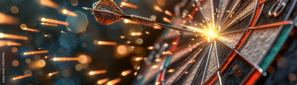 Dart in midflight hitting the bullseye with a backdrop of explosive ...