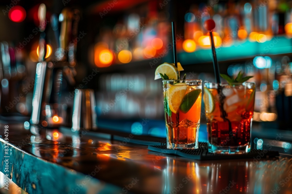 Fresh Alcoholic Cocktails on Bar Counter Close-Up Beverage Details ...