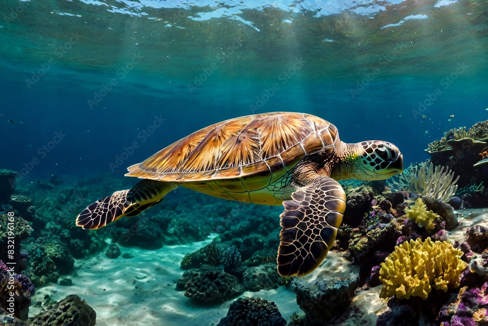 Big green sea turtle swimming among colorful coral reef in dark clear ...