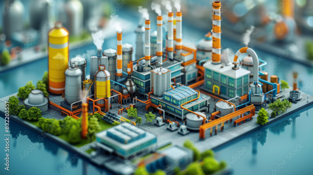 Modern chemical plant with colorful pipes and equipment, producing ...