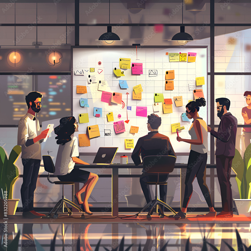 Dynamic 2D illustration of a collaborative workspace with diverse team ...