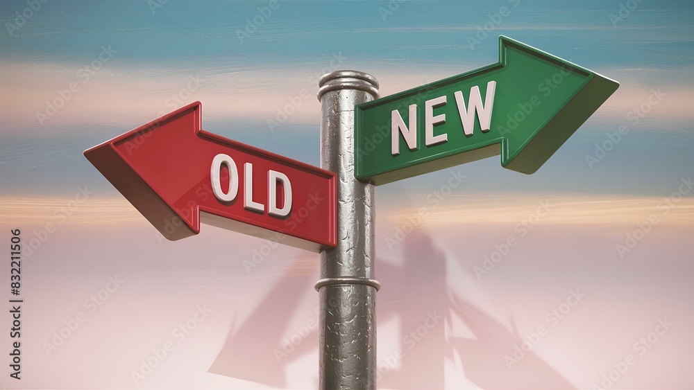 old vs new signpost, road signs with two arrows, pointing in different ...