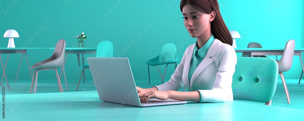 3D woman character typing on a laptop, with an office background ...