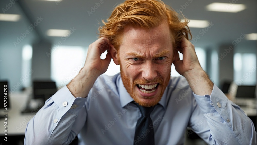 Red-haired man in an office, hands on head, showing visible frustration ...