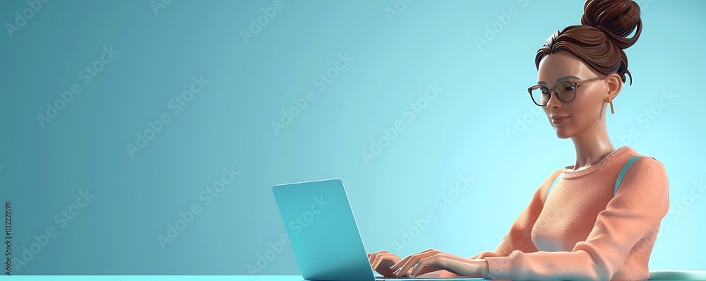 3D woman character using her laptop, with a conference room background ...