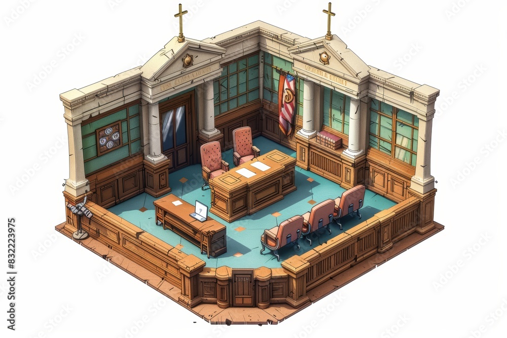 Animated courtroom scene with pop culture mashup, isolated white ...