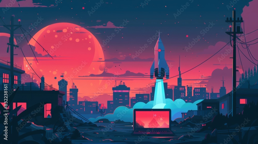 Launch of spaceship from laptop screen. Rocket launches from screen of ...