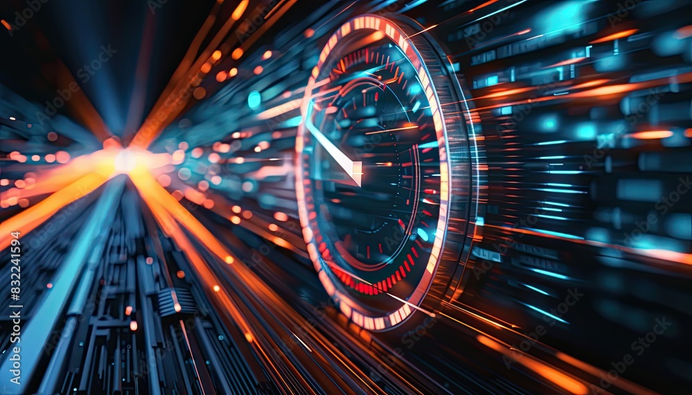 A digital clock with a red and blue face is shown in a blurry by AI ...