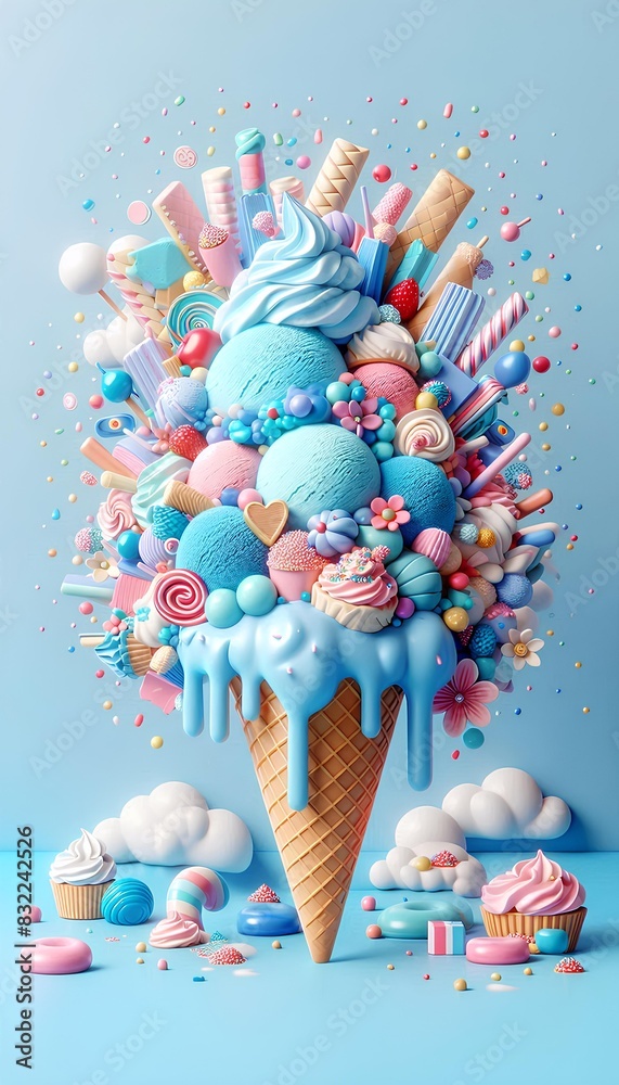 Candyland Ice Cream Cone, towering ice cream cone overflowing with ...