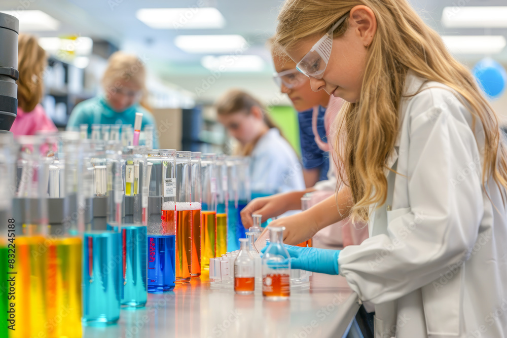 In the school laboratory, young scientists do chemistry experiments ...