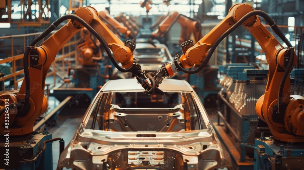 Robot arms and mechanical tools work in tandem along a sleek, modern ...