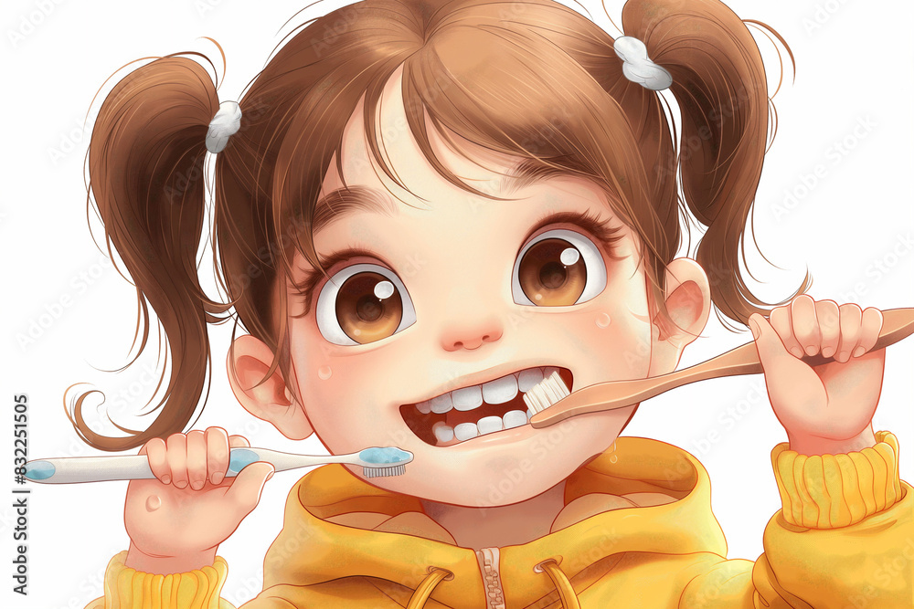 A young happy animated girl brushing her teeth, themes of health, gum ...