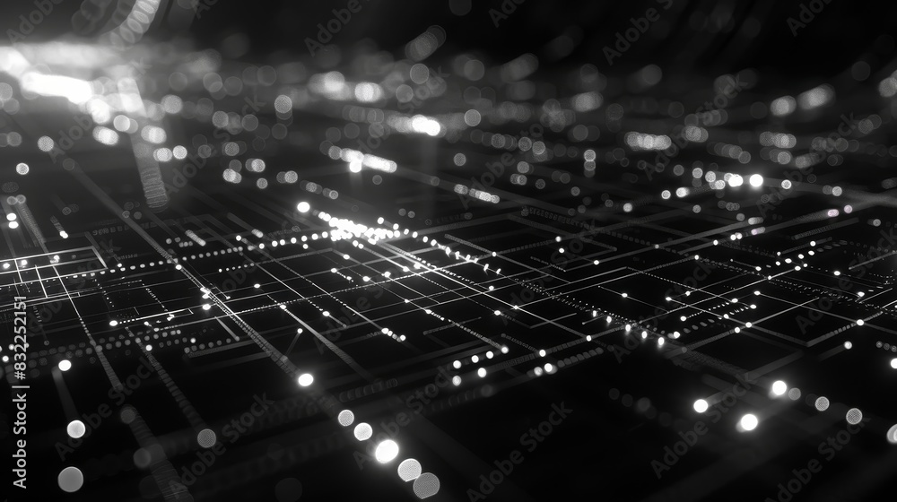 Abstract digital grid with bright lights on a black background ...
