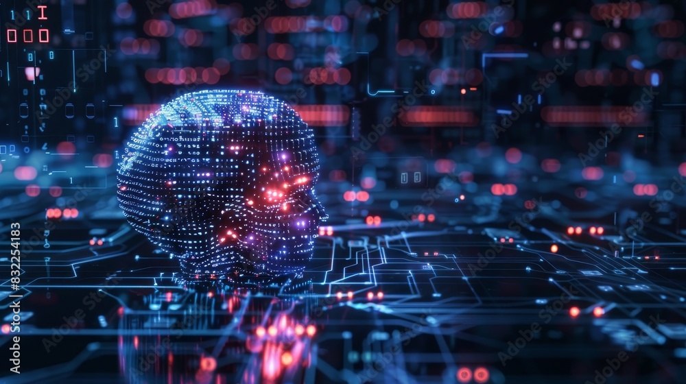 Digital skull concept with neon lights representing artificial ...