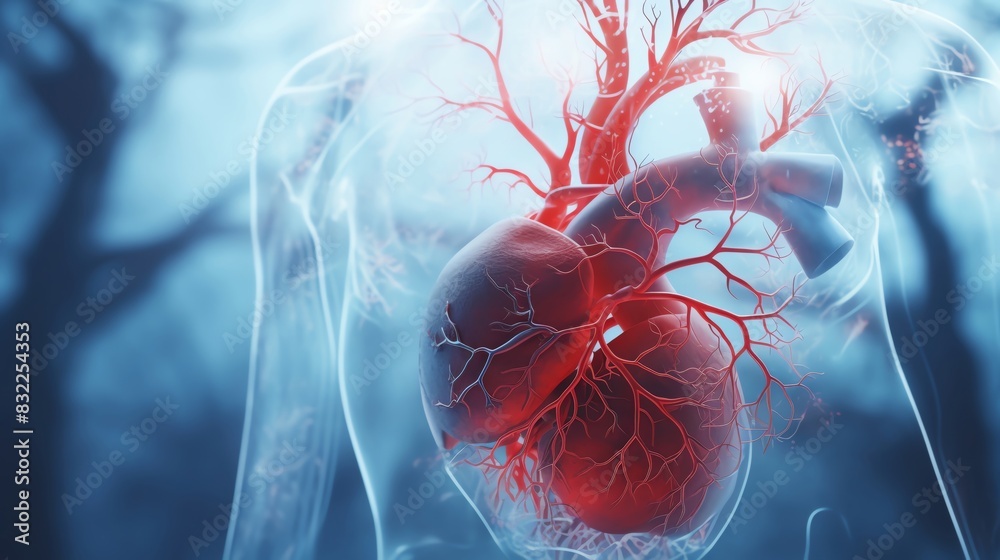 3D illustration of a human heart within the chest cavity, highlighting ...
