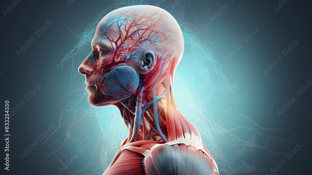 Detailed anatomical illustration of the human head and neck, showcasing ...