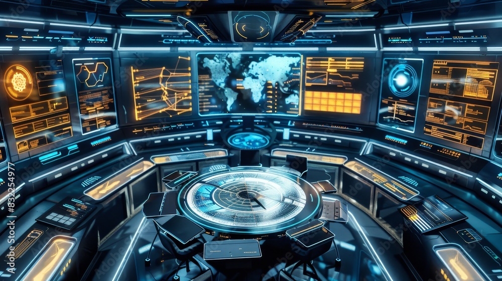 Futuristic command and control center with multiple screens, advanced technology, and a world ...