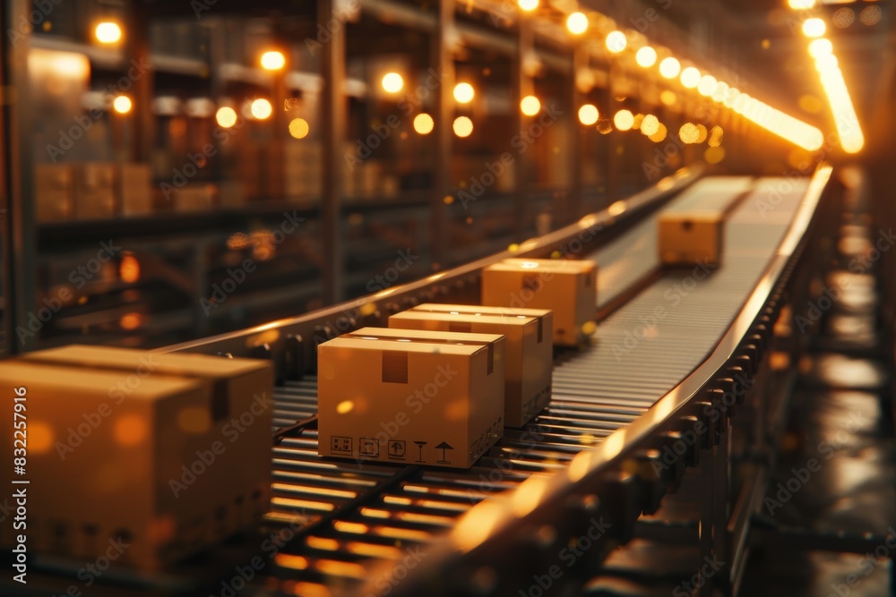 dynamic scene as multiple cardboard box packages smoothly traverse ...