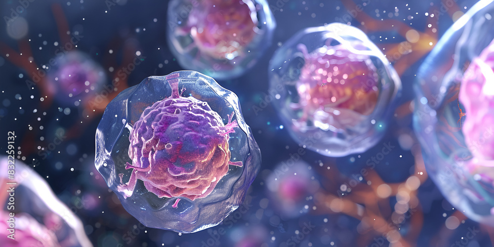 3d rendering of Human cell or Embryonic stem cell microscope background ...