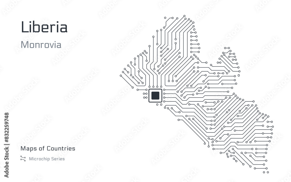 Liberia Map with a capital of Monrovia Shown in a Microchip Pattern ...