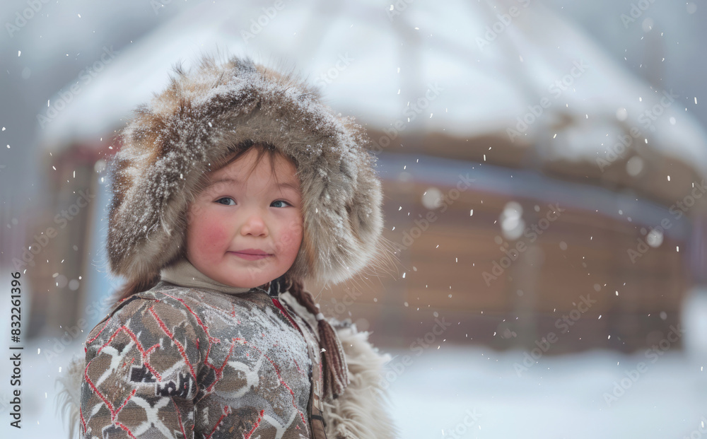Inuit young child dressed in traditional fur clothing, standing proudly ...