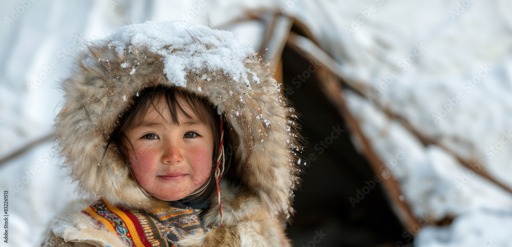 Inuit young child dressed in traditional fur clothing, standing proudly ...