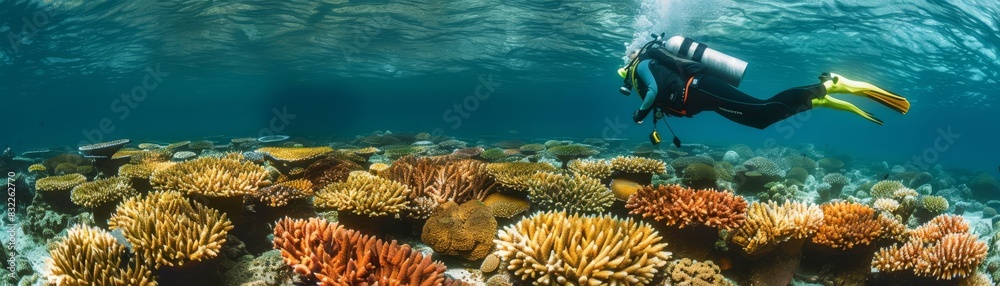 Underwater conservation effort Diver swims above a coral nursery ...