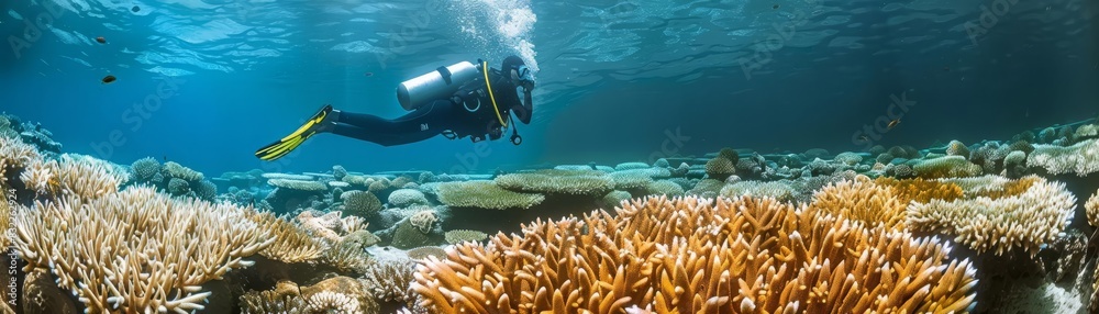 Underwater conservation effort Diver swims above a coral nursery ...