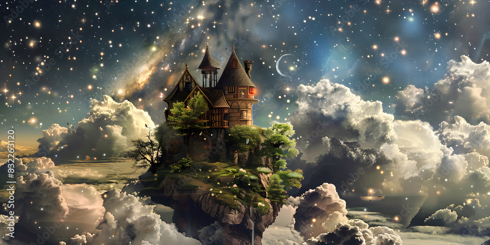 Create a magical landscape with a starry sky and an enchanted forest ...