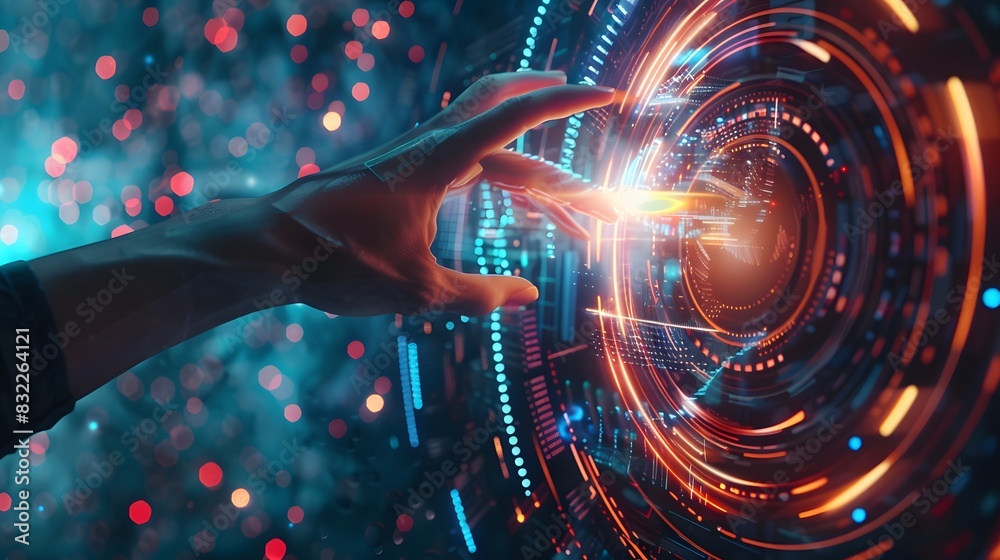 Hand touching a spinning data flow, data flow processing visualization background Stock ...