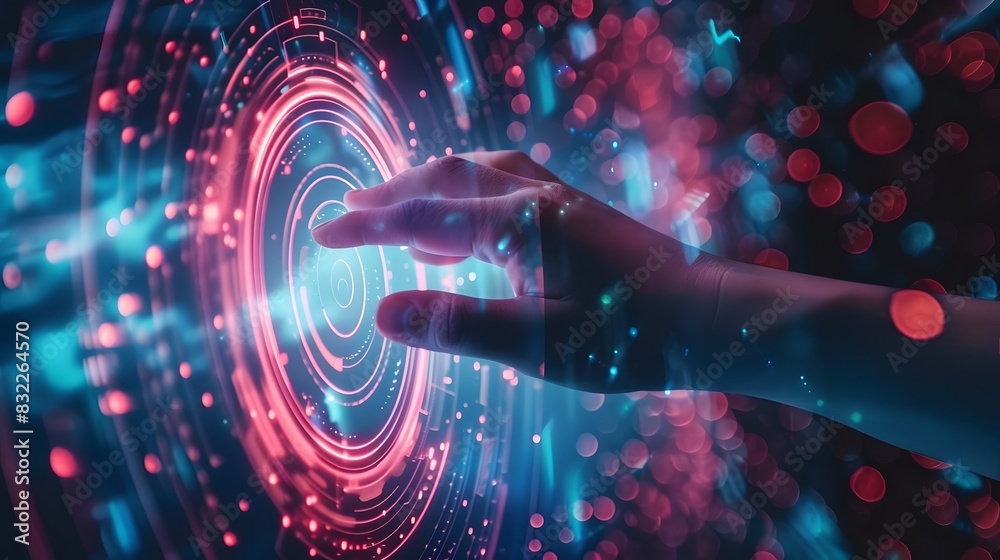 Hand touching a spinning data flow, data flow processing visualization background Stock ...