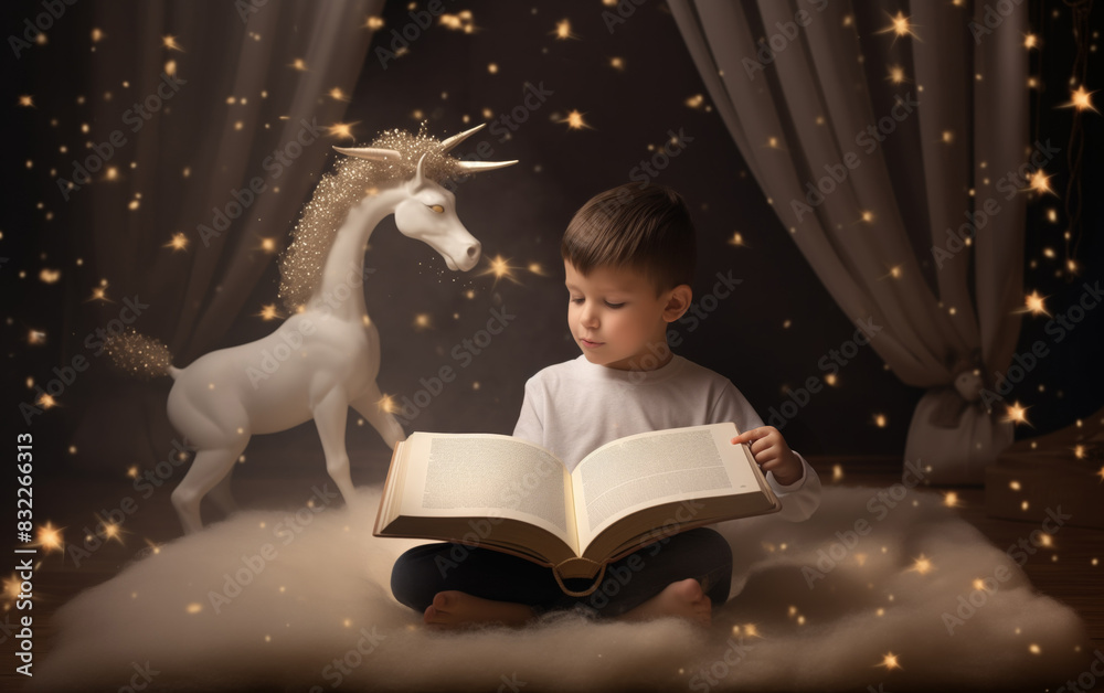the boy is very surprised, he looks into an open book, a fairy light ...