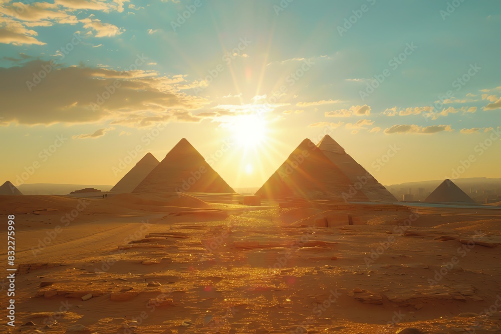 Chic Egyptian pyramids bathed in golden sunlight, realistic style ...