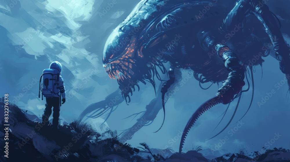Design a sci-fi-horror scene with an astronaut encountering a menacing ...