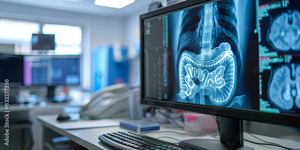 Detailed image of a medical imaging workstation displaying various x ...