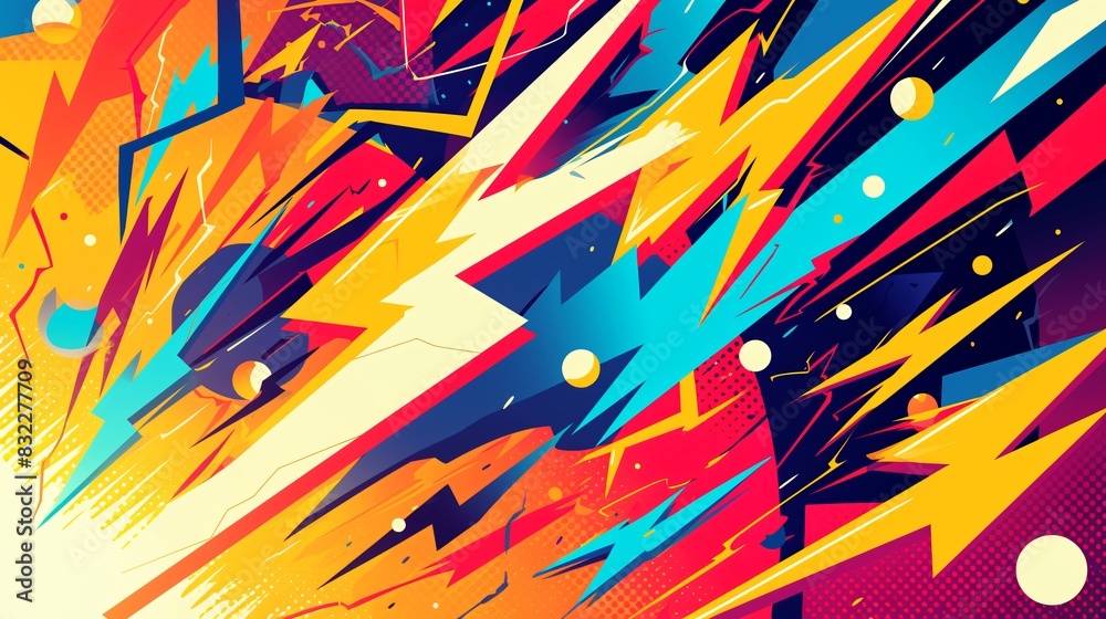 Vibrant and dynamic abstract composition exploding with energy, featuring bold colors, lightning ...