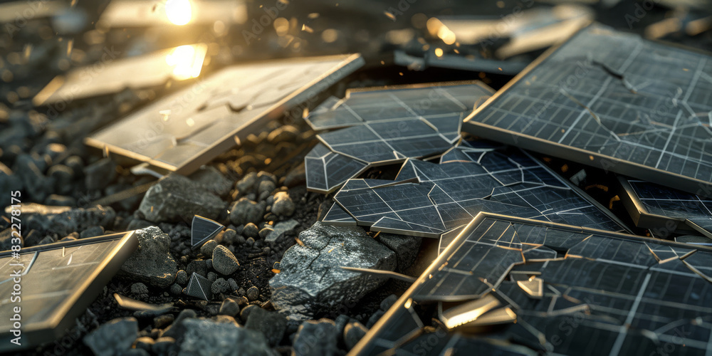 Shattered Solar Panels Lying in a Heap Depicting Destruction Stock ...