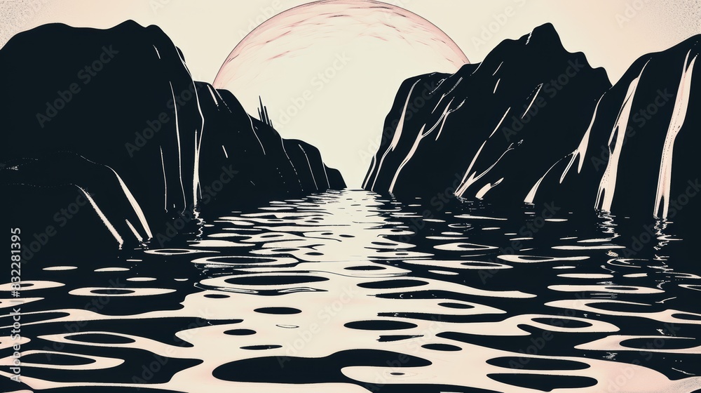 3d render, futuristic landscape with cliffs and water. Modern minimal ...