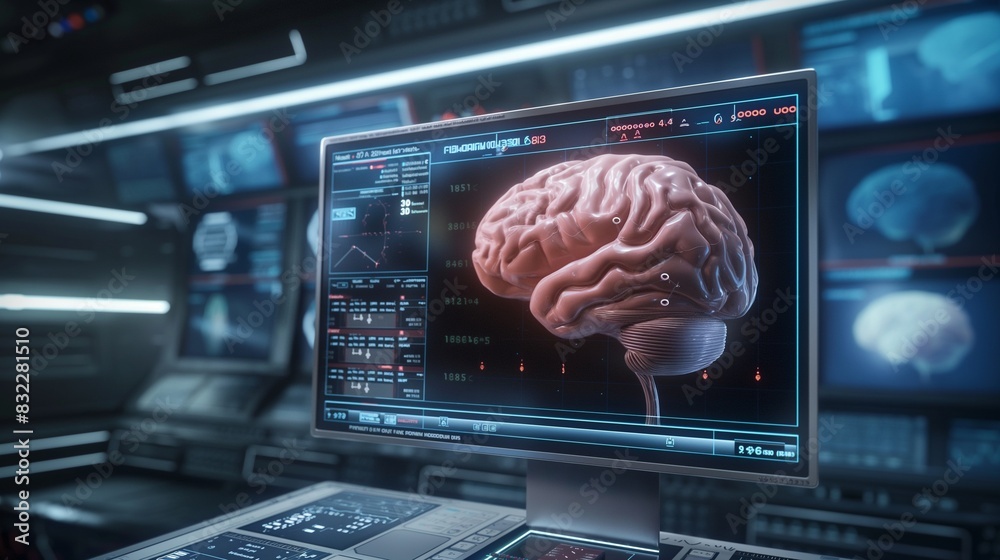 A sophisticated diagnostic screen showing a 3D model of a brain with a ...