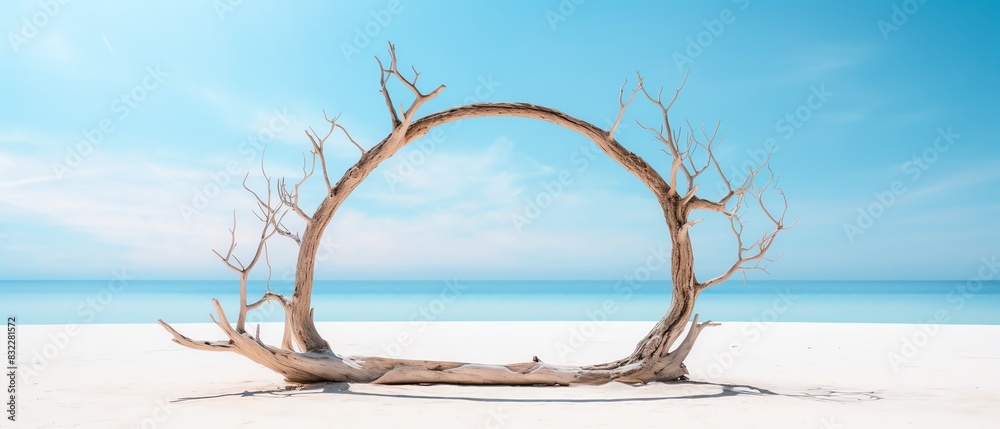 Dry tree circle frame on ocean sand beach landscape Product display on ...
