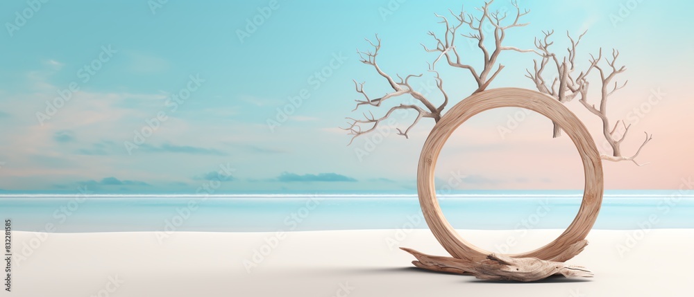 Dry tree circle frame on ocean sand beach landscape Product display on ...