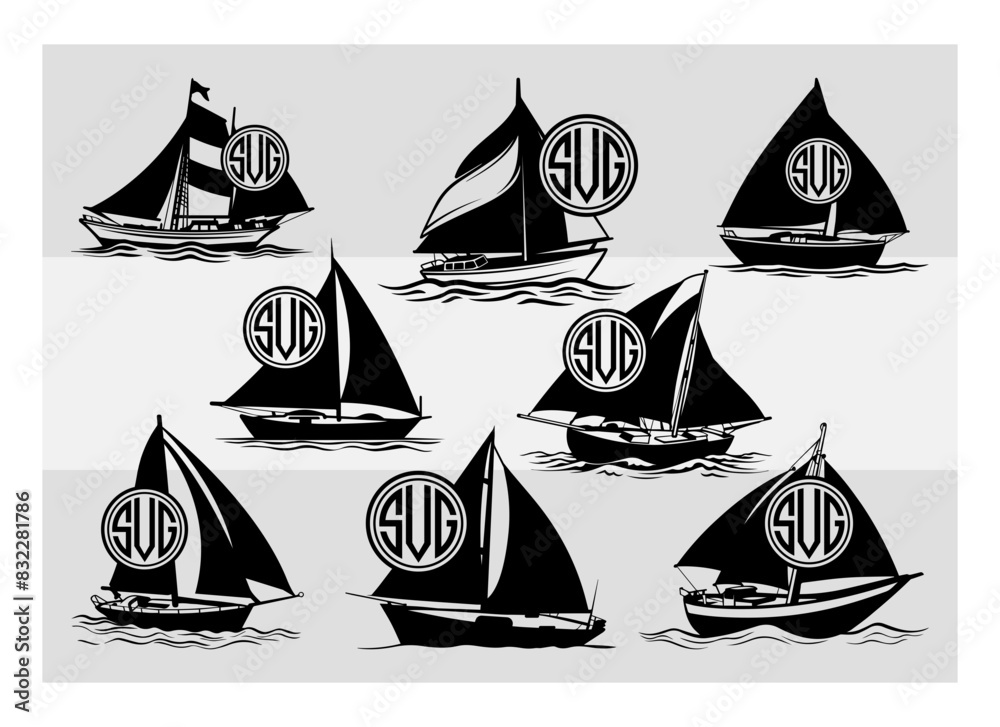 Sailing Ship Circle Monogram, Sail Boat Old Vintage Ship Silhouette ...