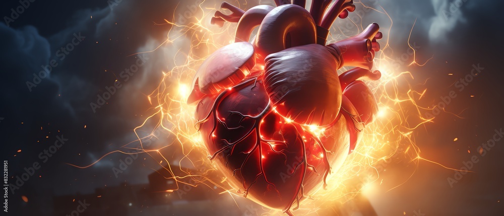 Realistic depiction of a beating heart with electrical impulses ...