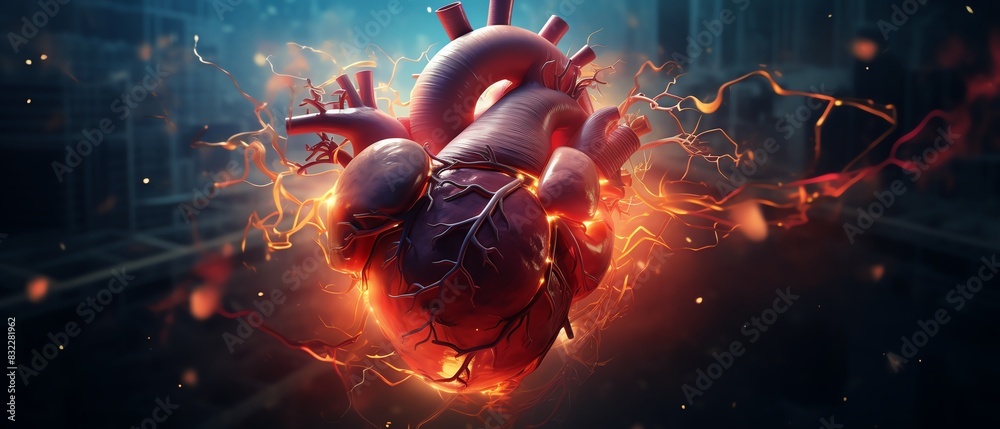 Realistic depiction of a beating heart with electrical impulses ...